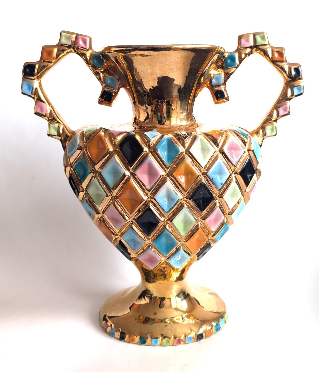 Vintage Large Neck-handled Amphora Style Ceramic Hand Painted Gold ...