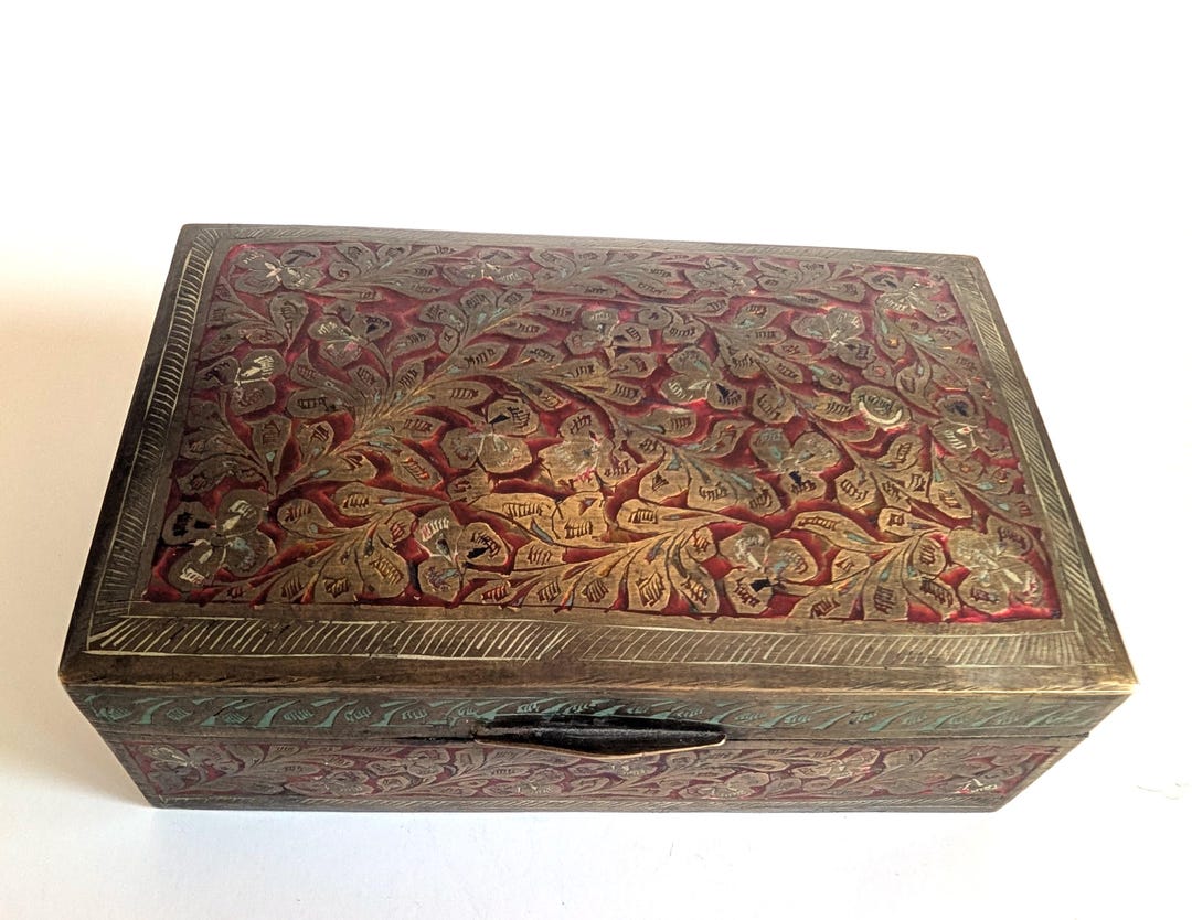 Vintage Engraved Brass & Enamel Flower Motif Cigarette Betel Leaf Box ...