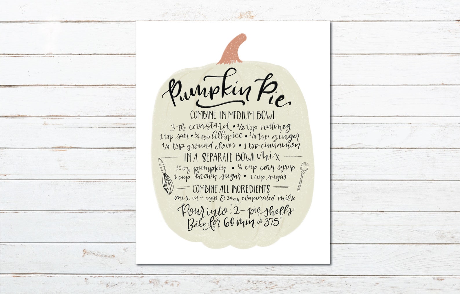 Pumpkin Pie Hand Lettered Recipe Pumpkin Print Wall Art//instant ...
