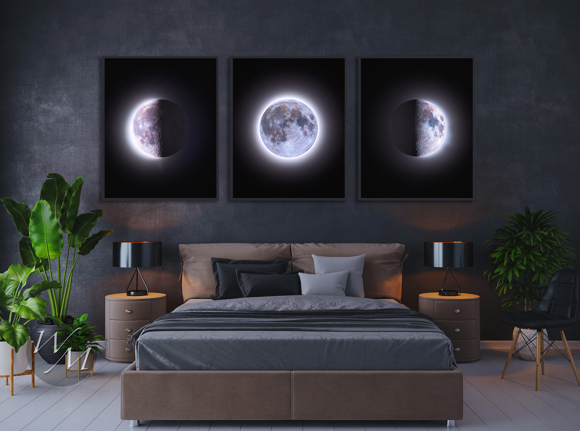 Moon Print wall art set of 3 moon phases wall art moon canvas moon ...