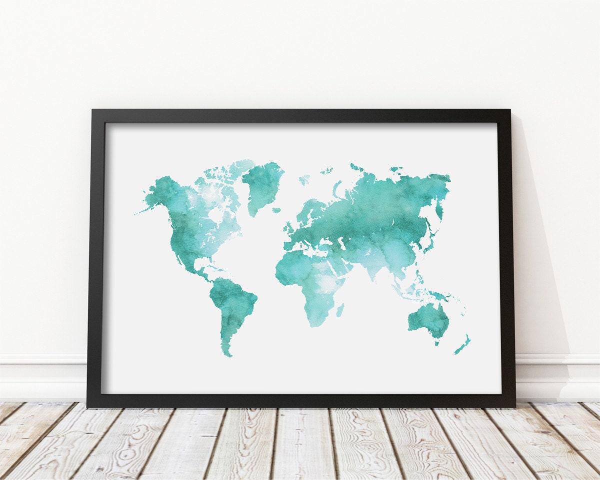 Mint Green Watercolor World Map Print Teal World Map Poster | Etsy
