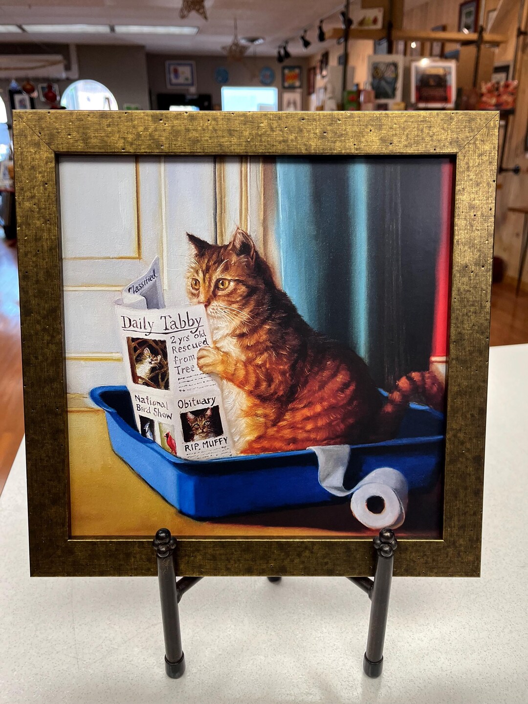Framed Cat in Litter Box Reading Gold Frame - Etsy