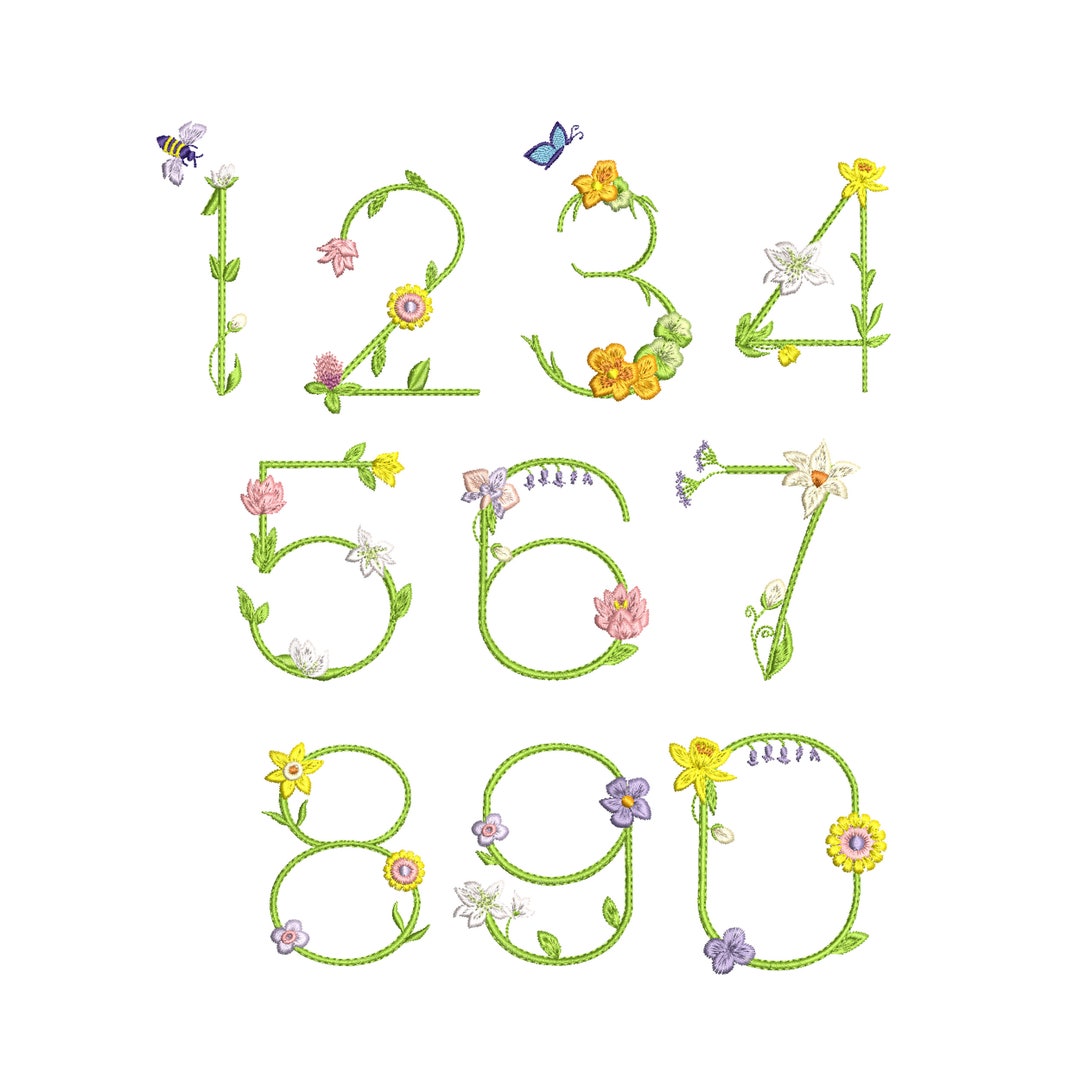 Flower Numbers 1 2 3 4 5 6 7 8 9 0 Alphabet Machine Embroidery Design ...