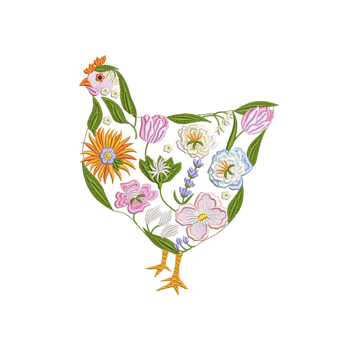 Bohemian Floral Chicken Machine Embroidery Design: Farm Garden Pattern ...