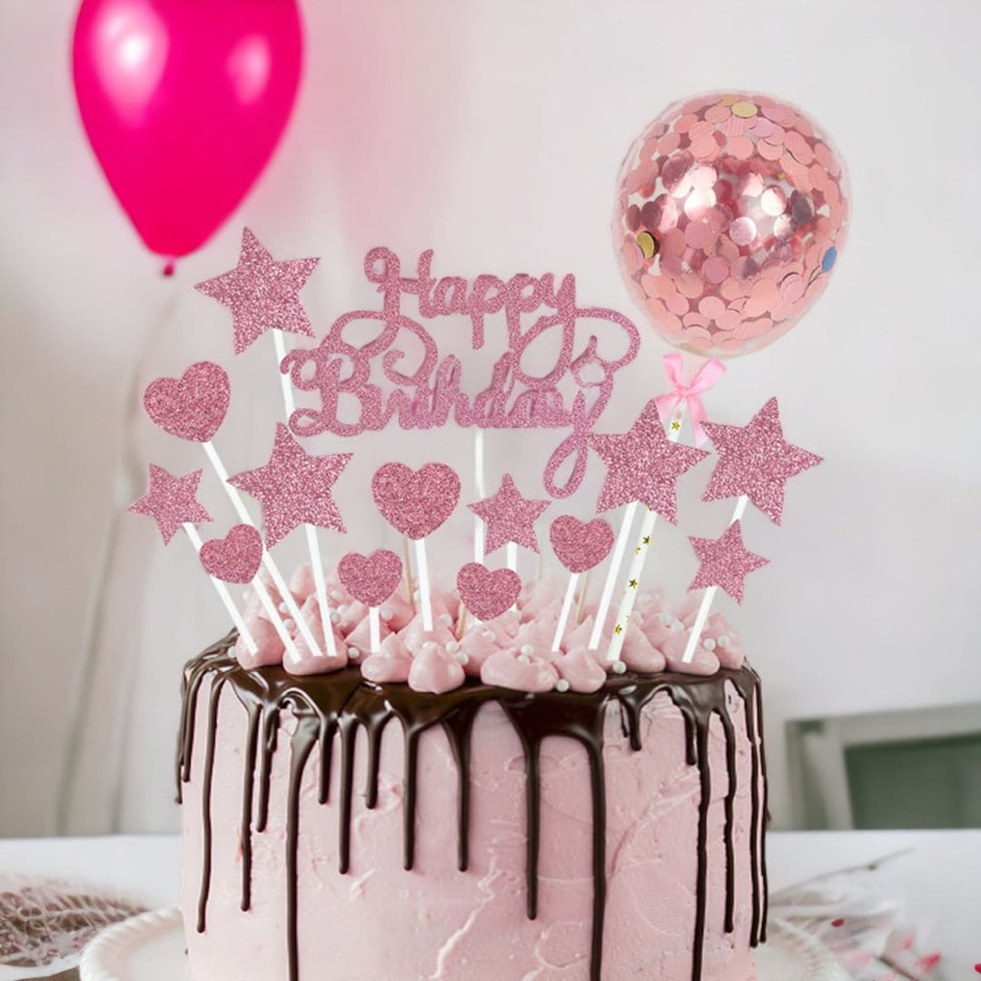 Glitter Happy Birthday Cake Topper Set With Heart Star Cupcake - Etsy