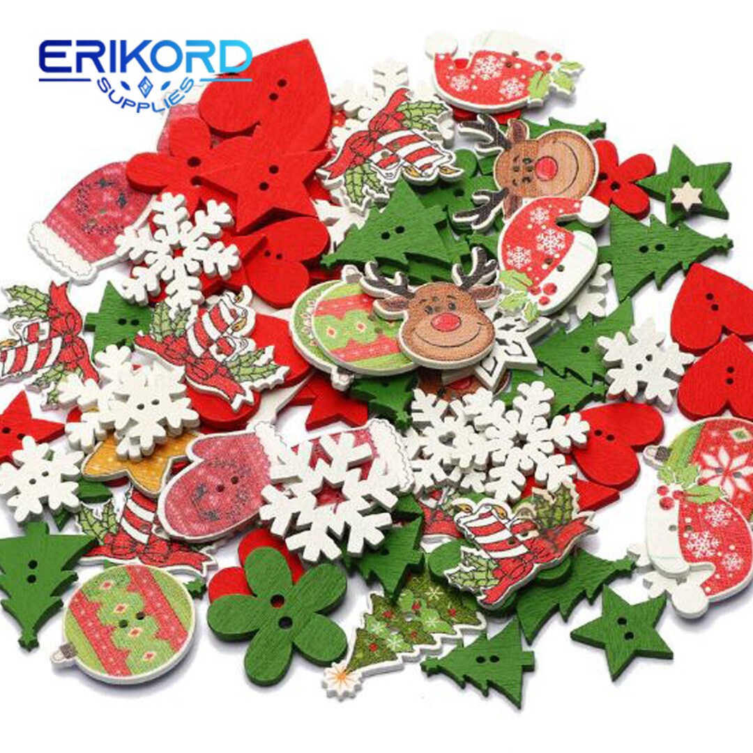 50pcs Mixed Christmas Decor Wooden Buttons 2 Hole Sewing Button for Kid ...