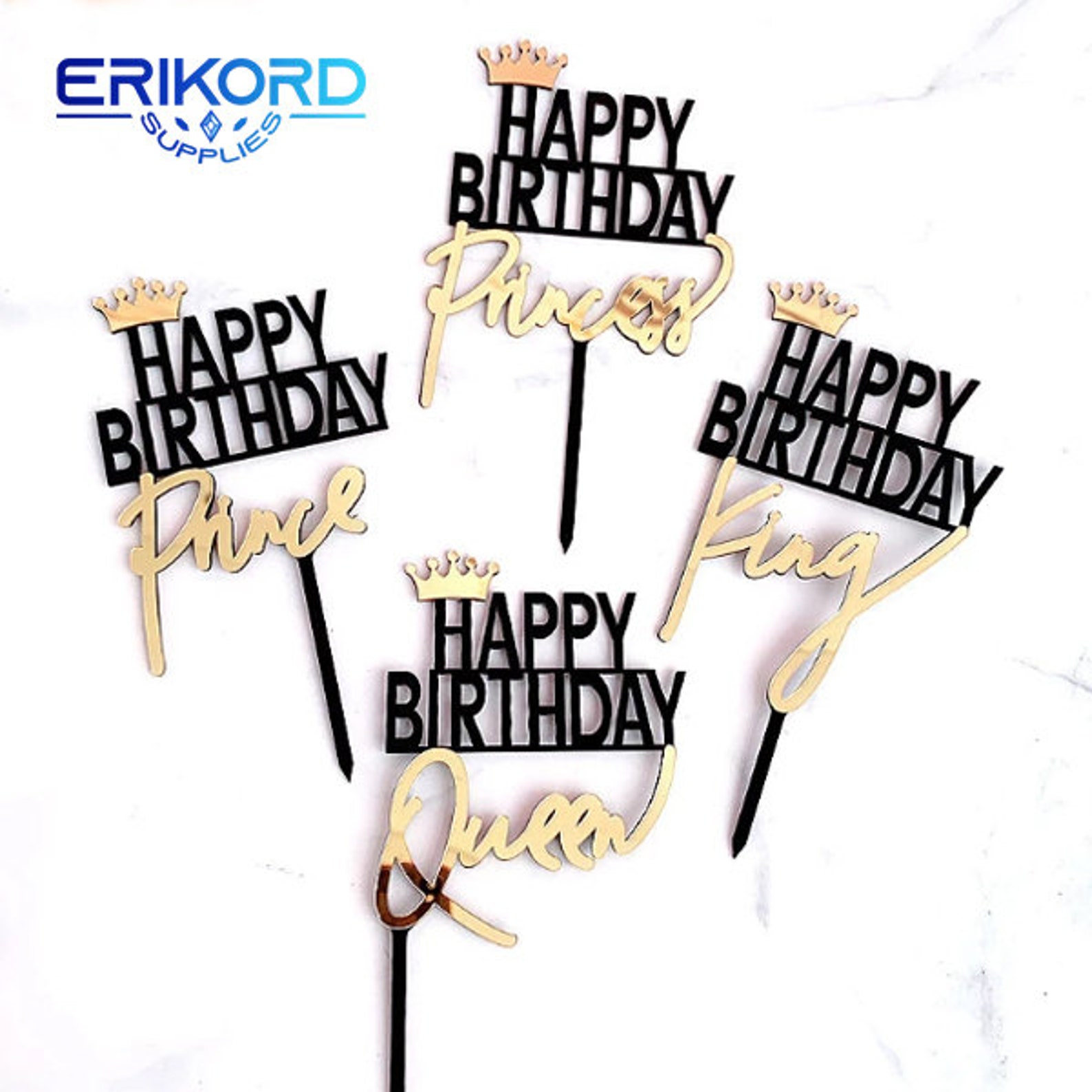 Gold Crown Queen King Princess Prince Black Acrylic Happy Birthday Cake ...