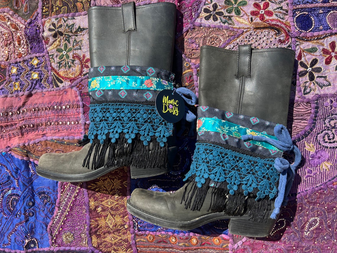 Patchwork Boho Hippie Western Festival Navy Fringe Boot Covers - Etsy