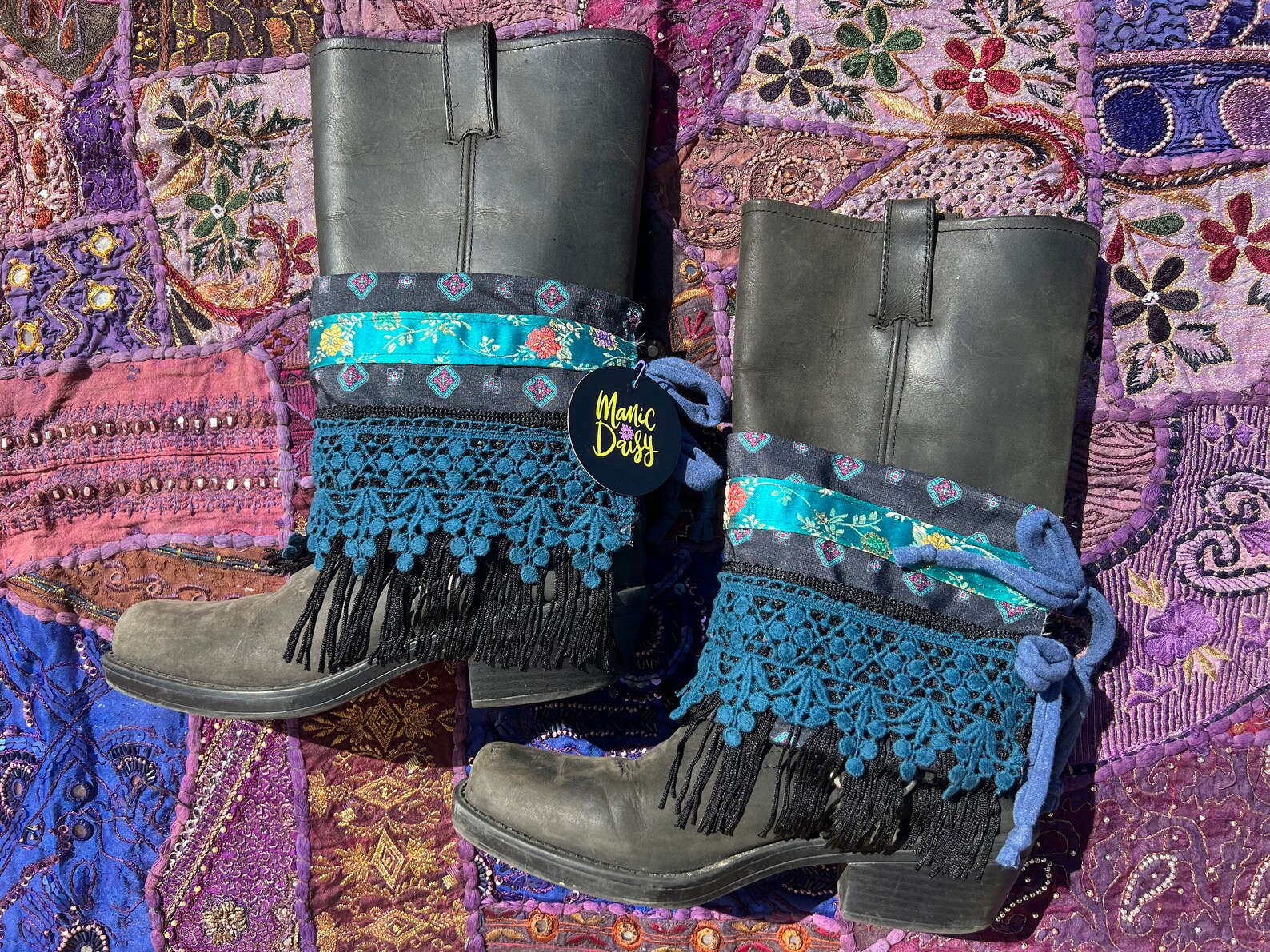Patchwork Boho Hippie Western Festival Navy Fringe Boot Covers - Etsy