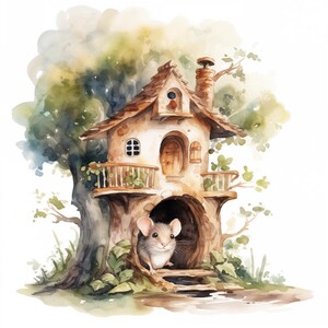 Tiny Tree House for a Mouse, Watercolor Clipart Drawings of Cute Mice ...