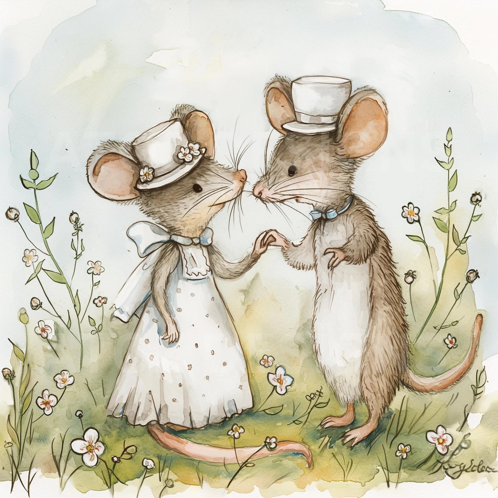 Watercolor Clipart Drawings of Cute Mice Getting Married, 10 Different ...