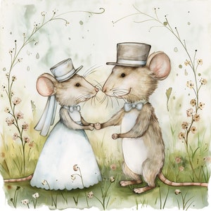 Watercolor Clipart Drawings of Cute Mice Getting Married, 10 Different ...