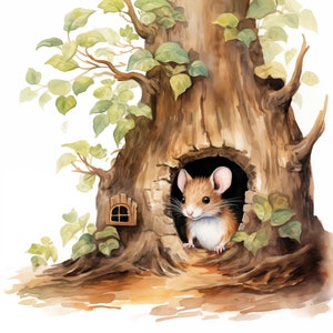 Tiny Tree House for a Mouse, Watercolor Clipart Drawings of Cute Mice ...