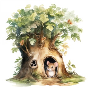 Tiny Tree House for a Mouse, Watercolor Clipart Drawings of Cute Mice ...