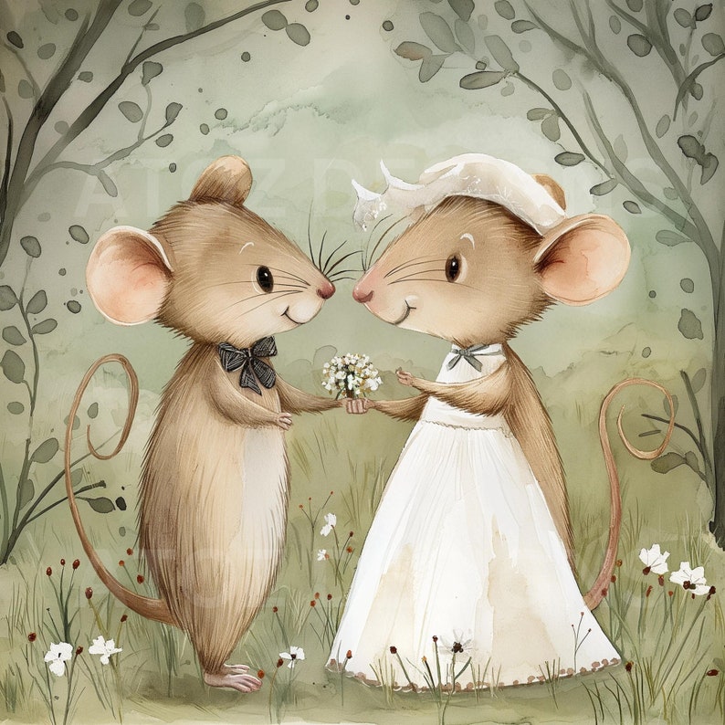 Watercolor Clipart Drawings of Cute Mice Getting Married, 10 Different ...