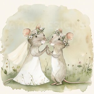 Watercolor Clipart Drawings of Cute Mice Getting Married, 10 Different ...