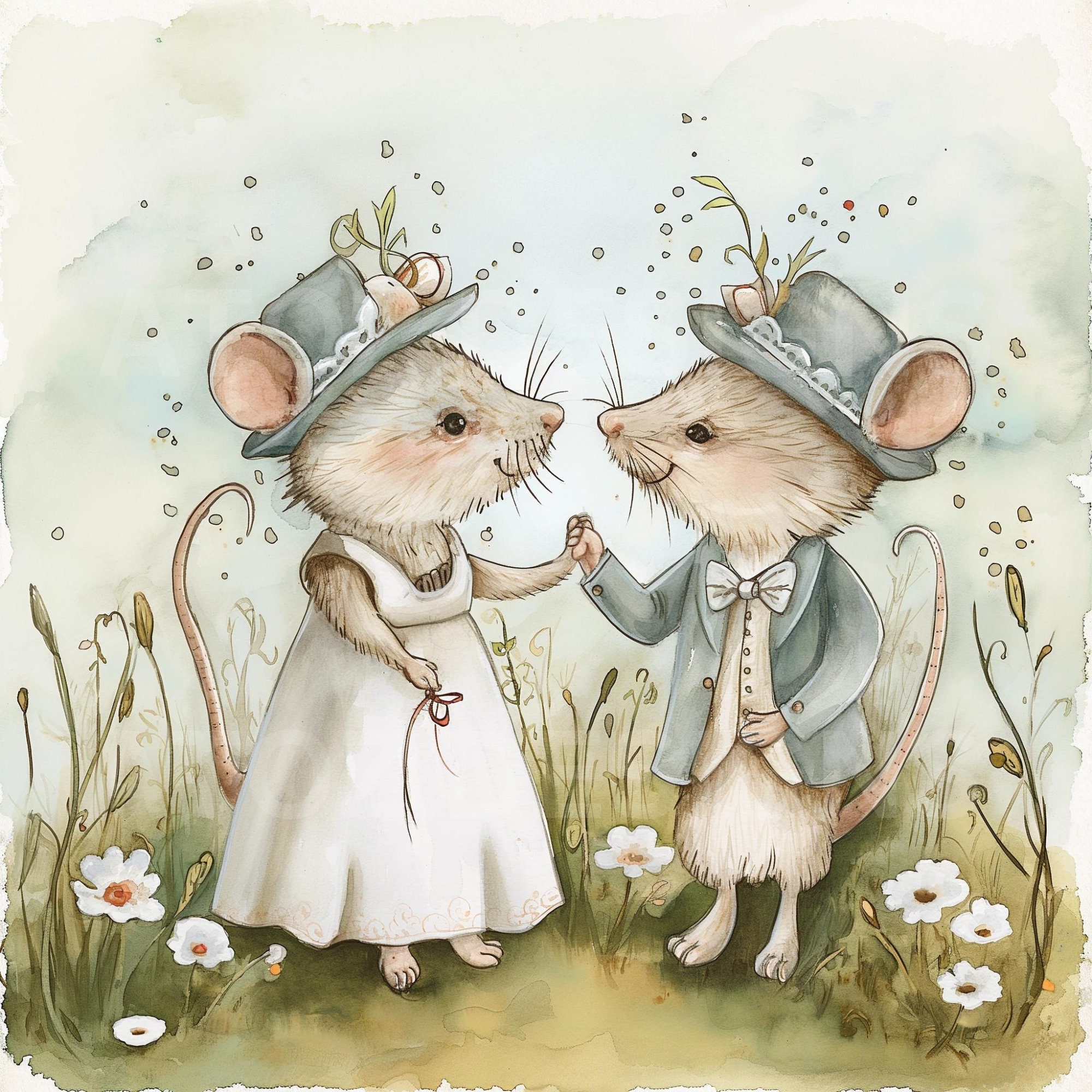 Watercolor Clipart Drawings of Cute Mice Getting Married, 10 Different ...
