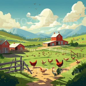 Farm Animal Clipart, Country Landscape Illustration, Children's ...