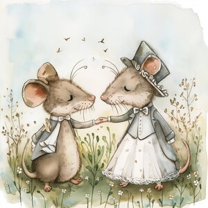 Watercolor Clipart Drawings of Cute Mice Getting Married, 10 Different ...