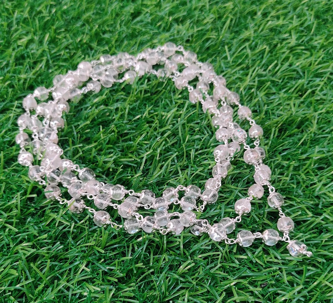 Sphatik Mala in Pure Silver Caps Wire Quartz Crystal Mala 108 + 1 Beads ...
