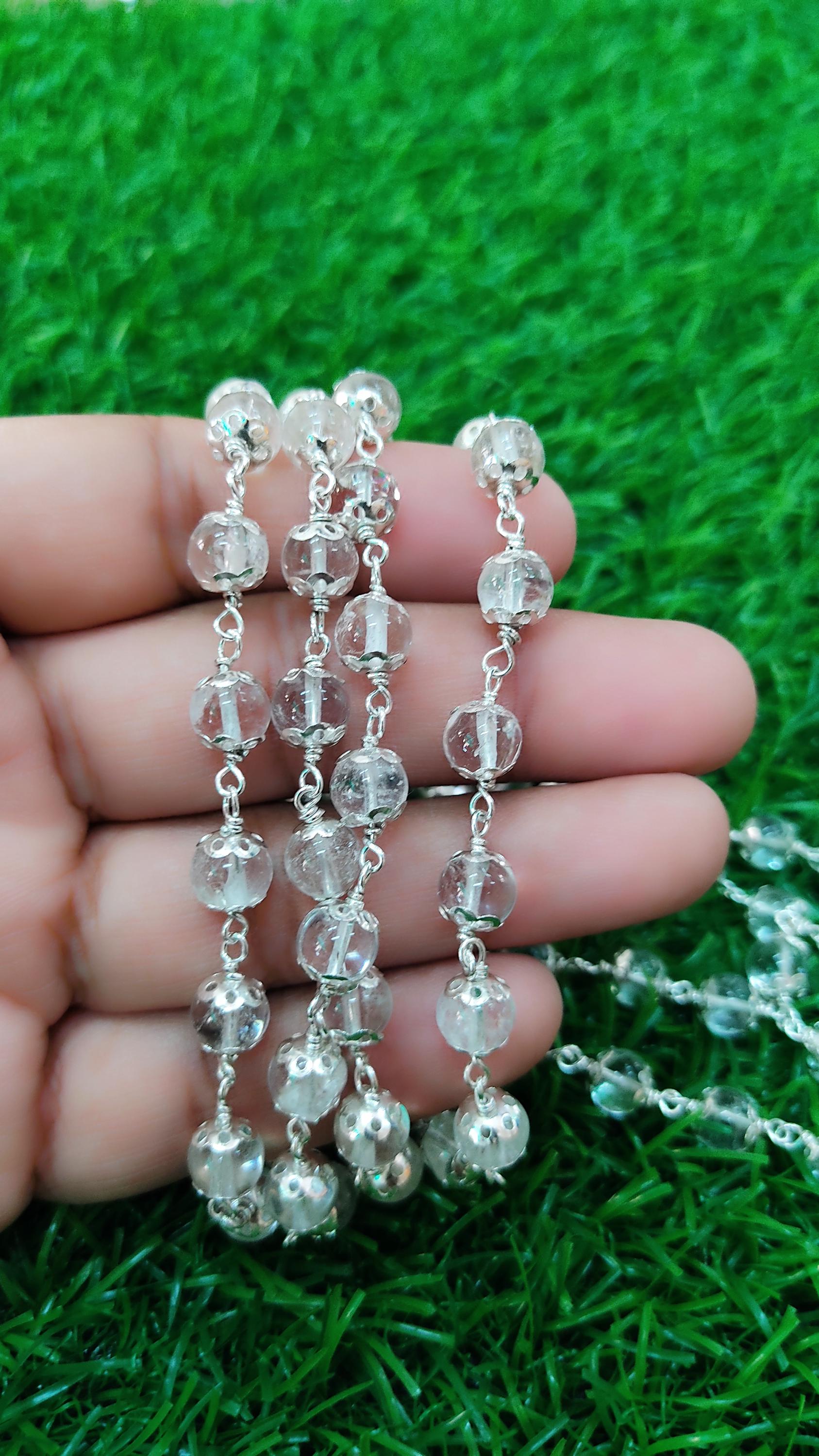 Sphatik Mala in Pure Silver Caps Wire Quartz Crystal Mala 108 + 1 Beads ...