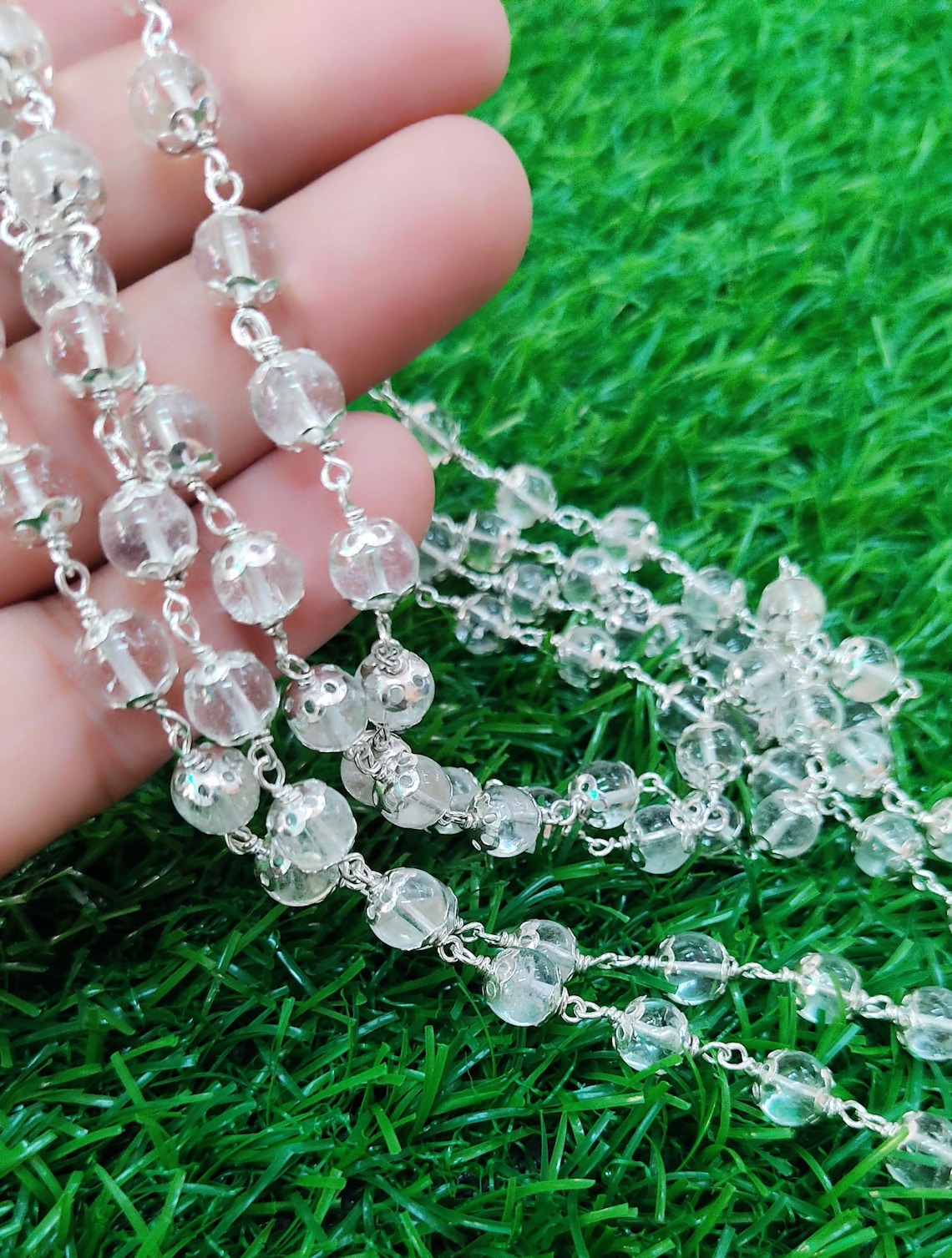 Sphatik Mala in Pure Silver Caps Wire Quartz Crystal Mala 108 + 1 Beads ...