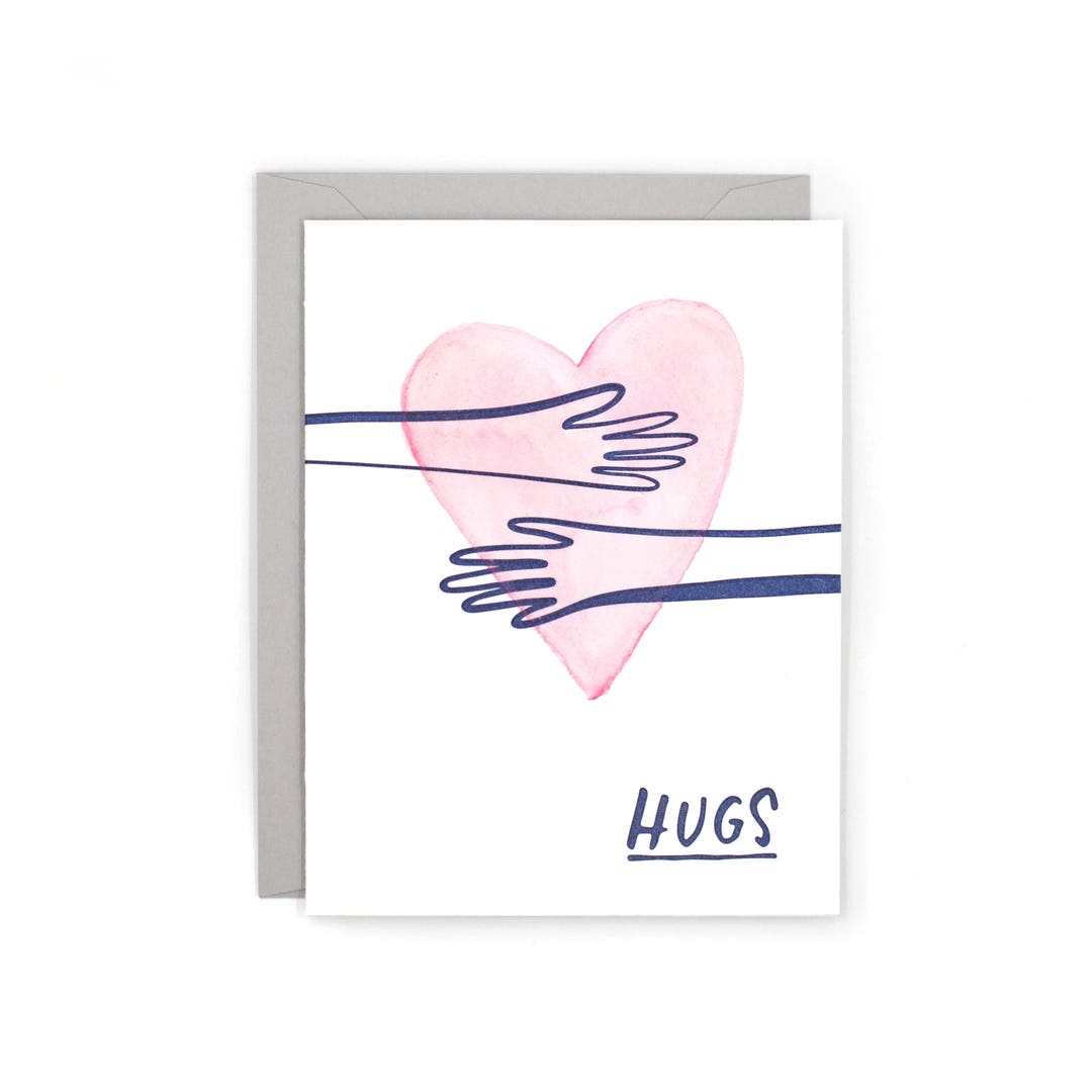 Hugs & Heart Letterpress Card - Hand Watercolored - Etsy