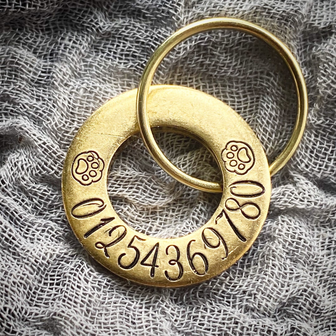 Paw Print Golden Brass Spinner Pet ID Tag. Personalised Phone Number ...