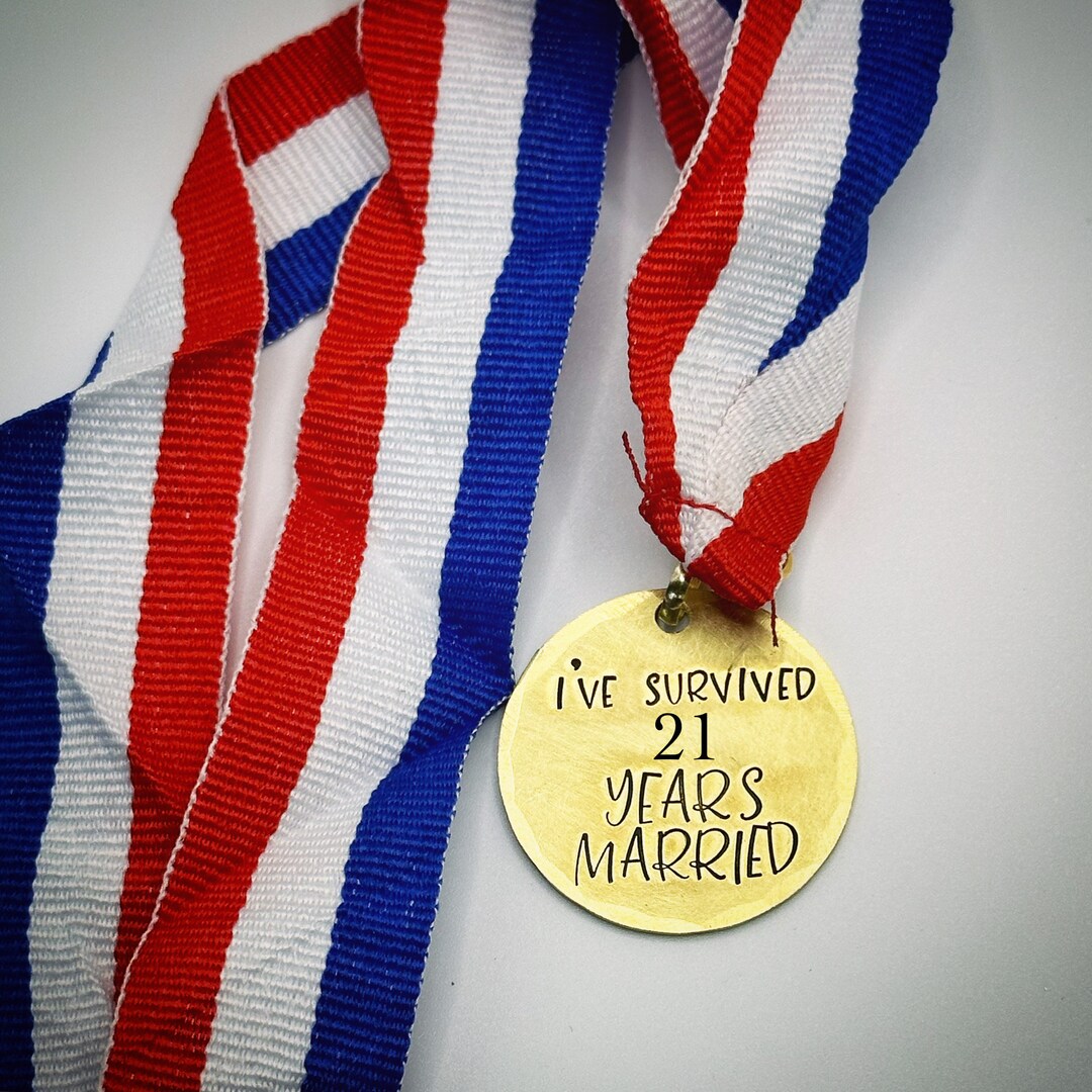 I Survived 21 Years Married. Hand Stamped Gold Medal Award. Traditional ...