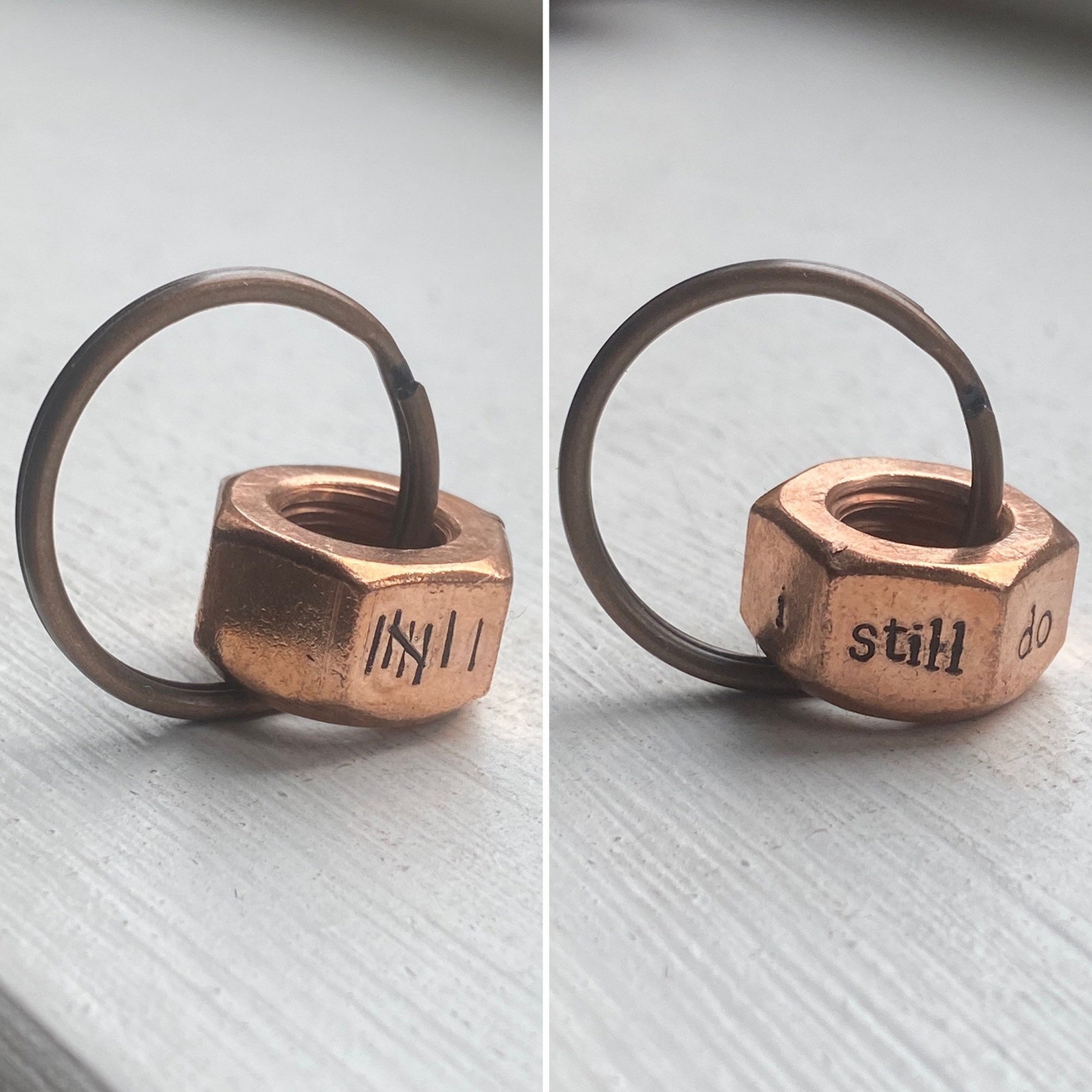 I Still Do. Hex Nut 7 or 9 Year Tally Hash Mark Copper Keychain Hand ...