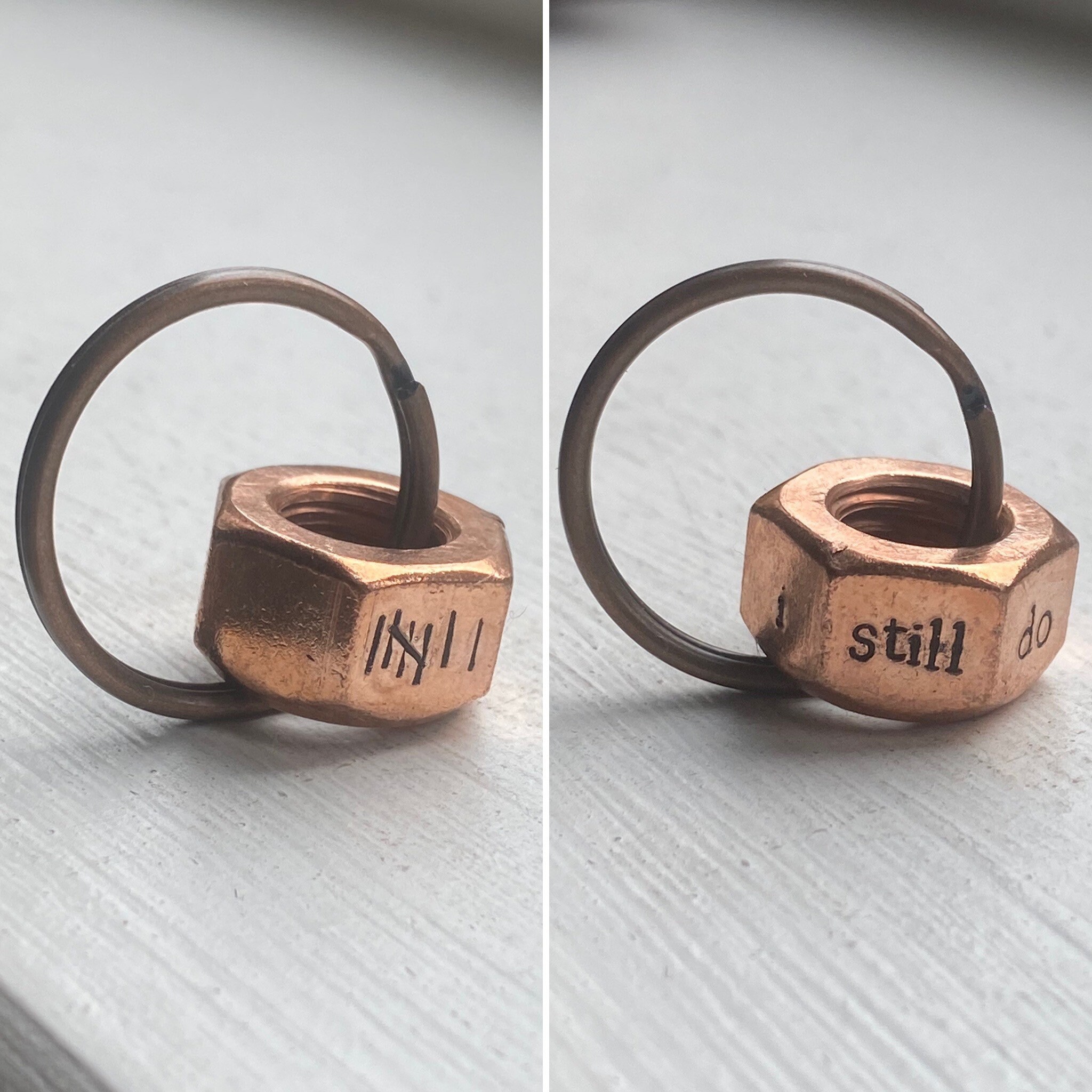 I Still Do. Hex Nut 7 or 9 Year Tally Hash Mark Copper Keychain Hand ...