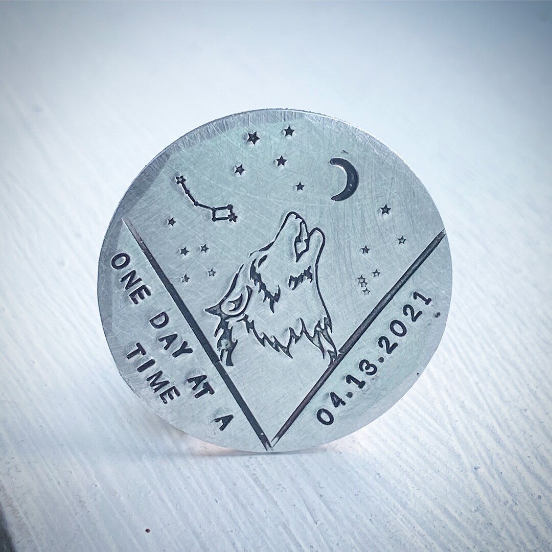 Personalised Wolf Sobriety Token Coin Chip Custom Hand Stamped One Day ...