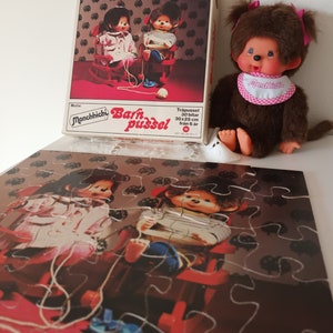 1 Vintage Monchichi Girl With Pink Bows and White Bib and Baby Bottle ...