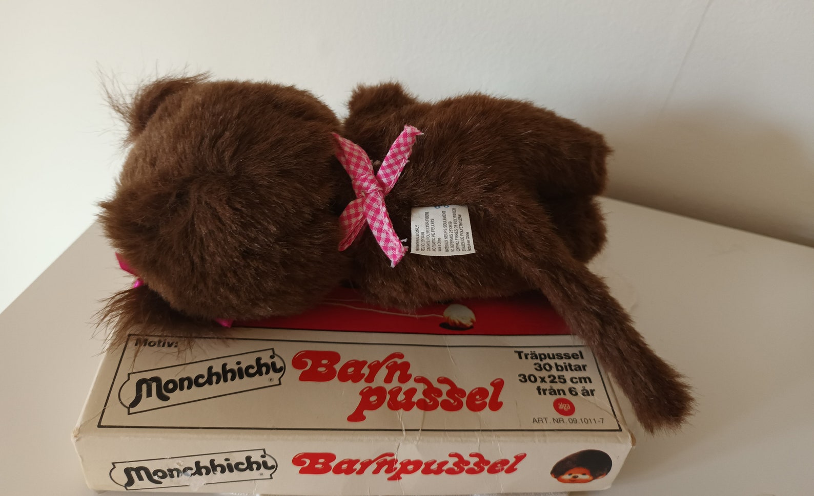 1 Vintage Monchichi Girl With Pink Bows and White Bib and Baby Bottle ...