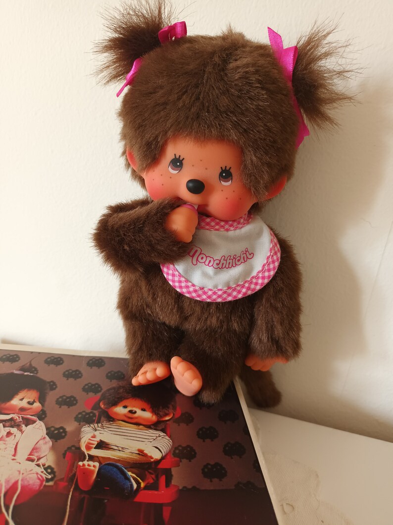 1 Vintage Monchichi Girl With Pink Bows and White Bib and Baby Bottle ...