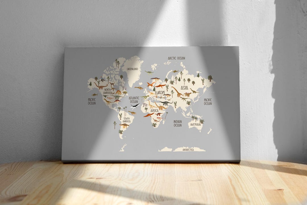Dinosaur Themed Map, Kids World Map Wall Hanging, Homeschool Decor ...