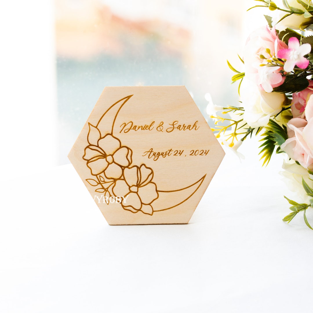 Celestial Wedding Favor Coasters, Moon and Stars Personalized Wooden ...