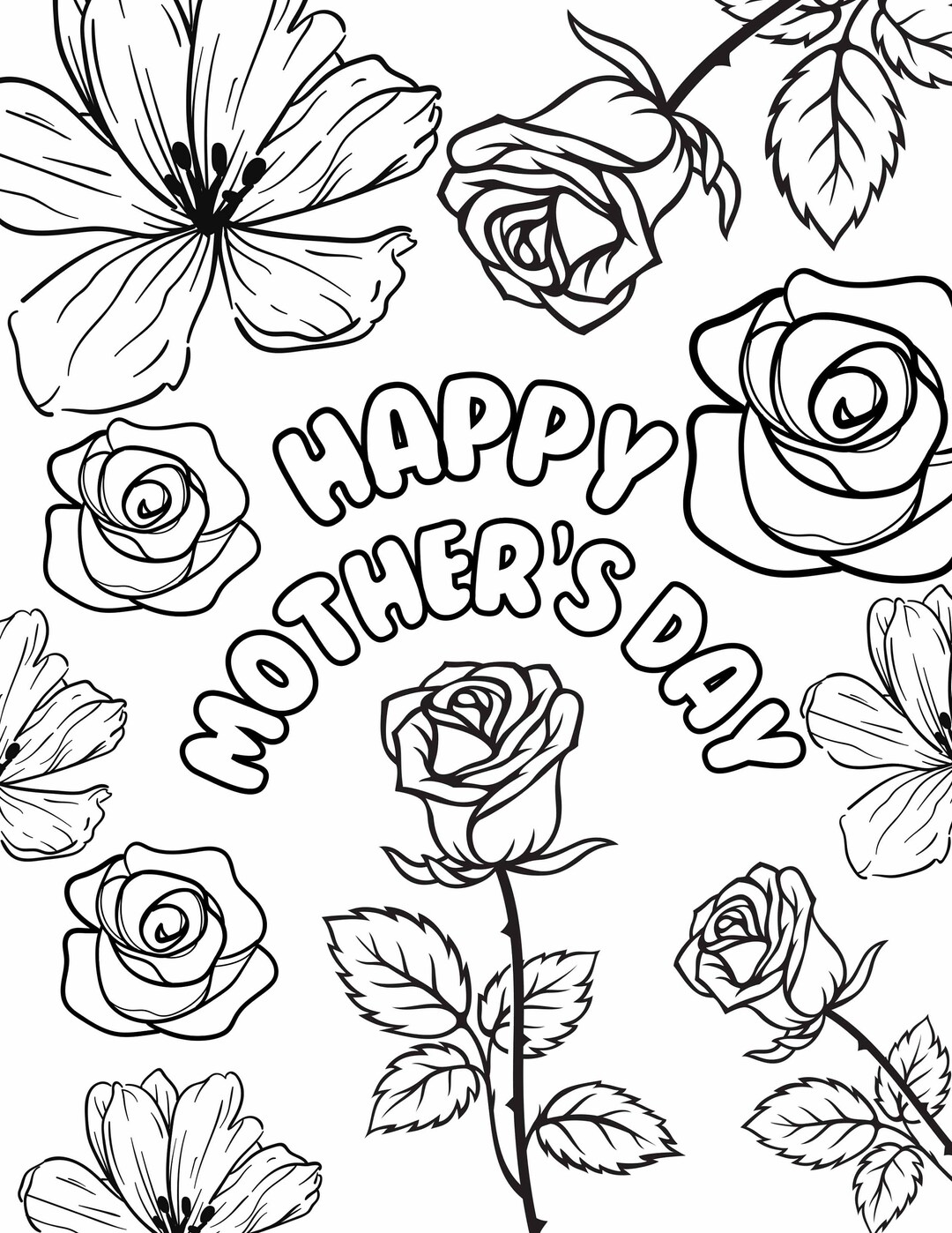 Happy Mother's Day Floral Coloring Page, Downloadable Kids Coloring ...