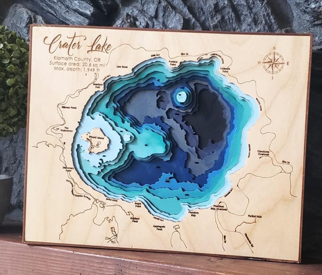 Crater Lake Map, VRBO, AIRBNB, Vacation Home, Layered Depth Map, Laser ...