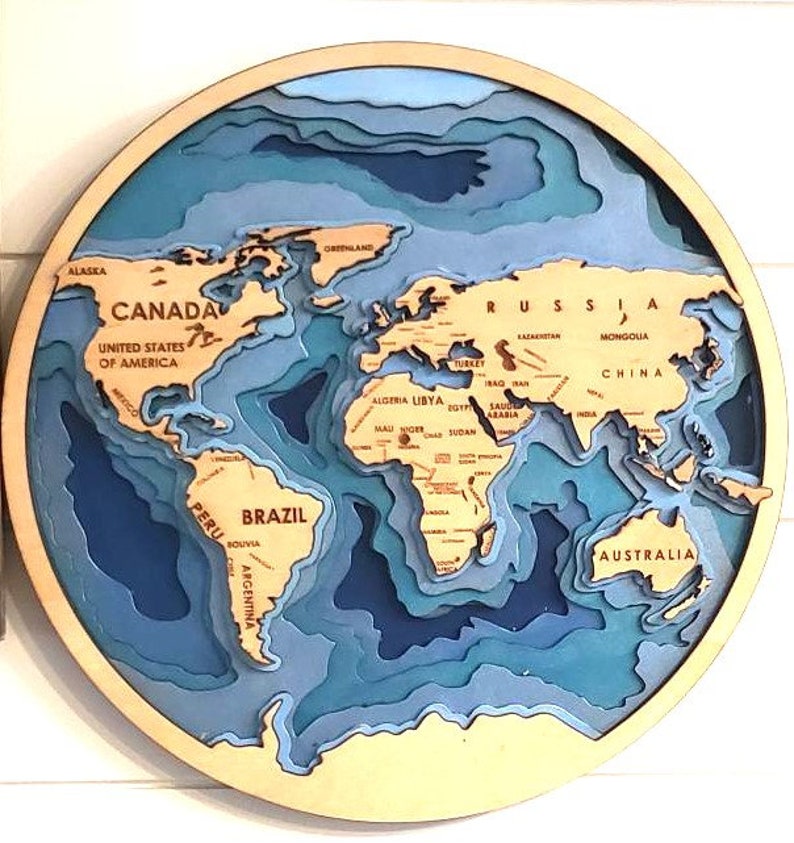 6-layer 3D Map of the World, Laser Cut World Map, 3D Wood World Map ...