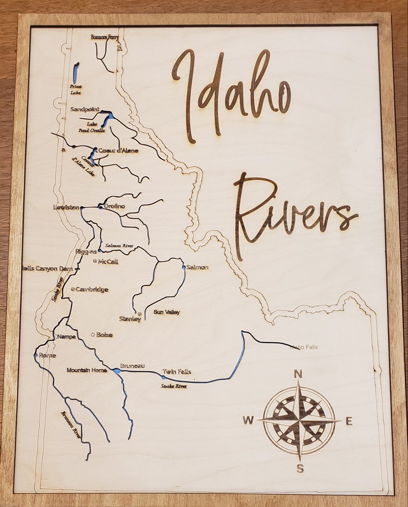 Idaho Rivers Map, Laser Cut Map, Idaho Map, Coastal Wall Art, Beach ...