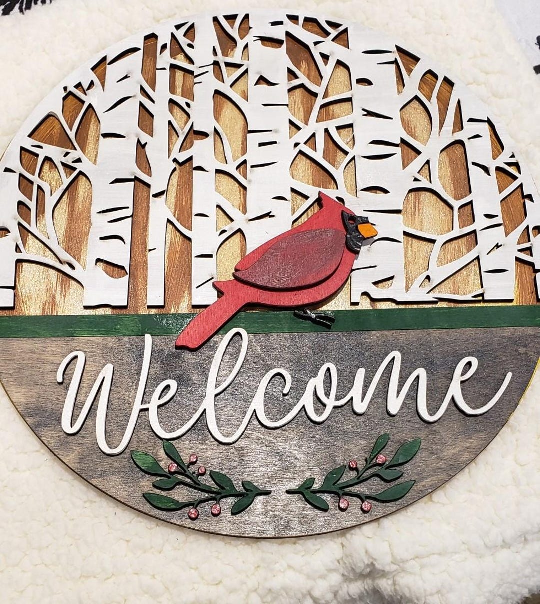 Cardinal Door Hanger, Welcome Sign, Winter Cardinal, Birch Trees, Laser ...