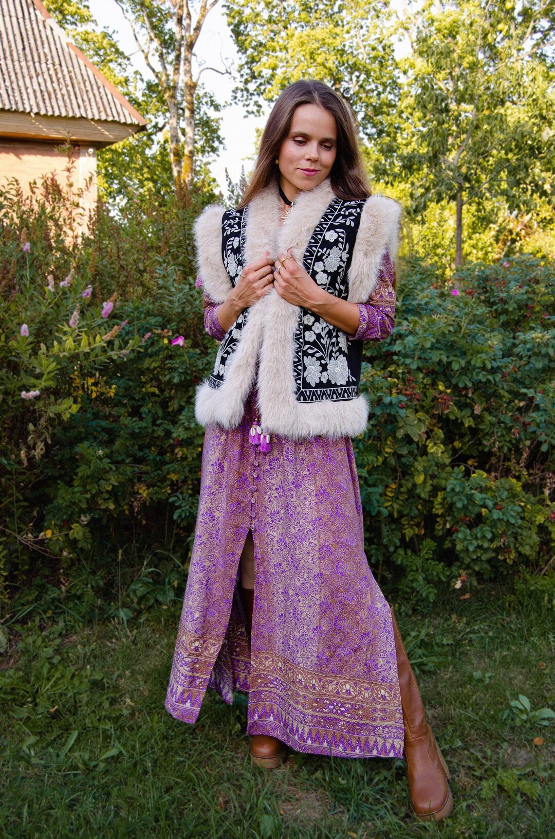 The 60s Inspired Hippie Afghan Vest, Bohemian Faux Fur Vest, Embroidery ...