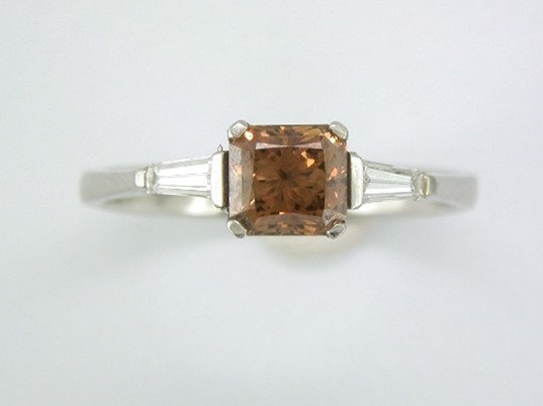 Natural Cognac Radiant Cut Diamond Ring With Two Tapering Baguette ...
