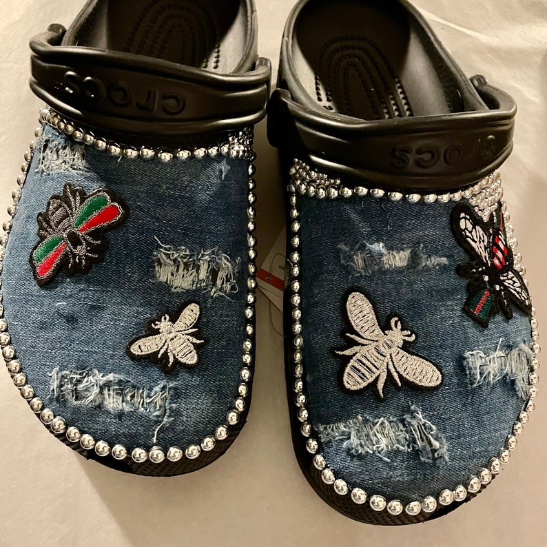 Bling Bee Crocs in Black With Denim Sizes 7 11 W/ Bedazzled | Etsy