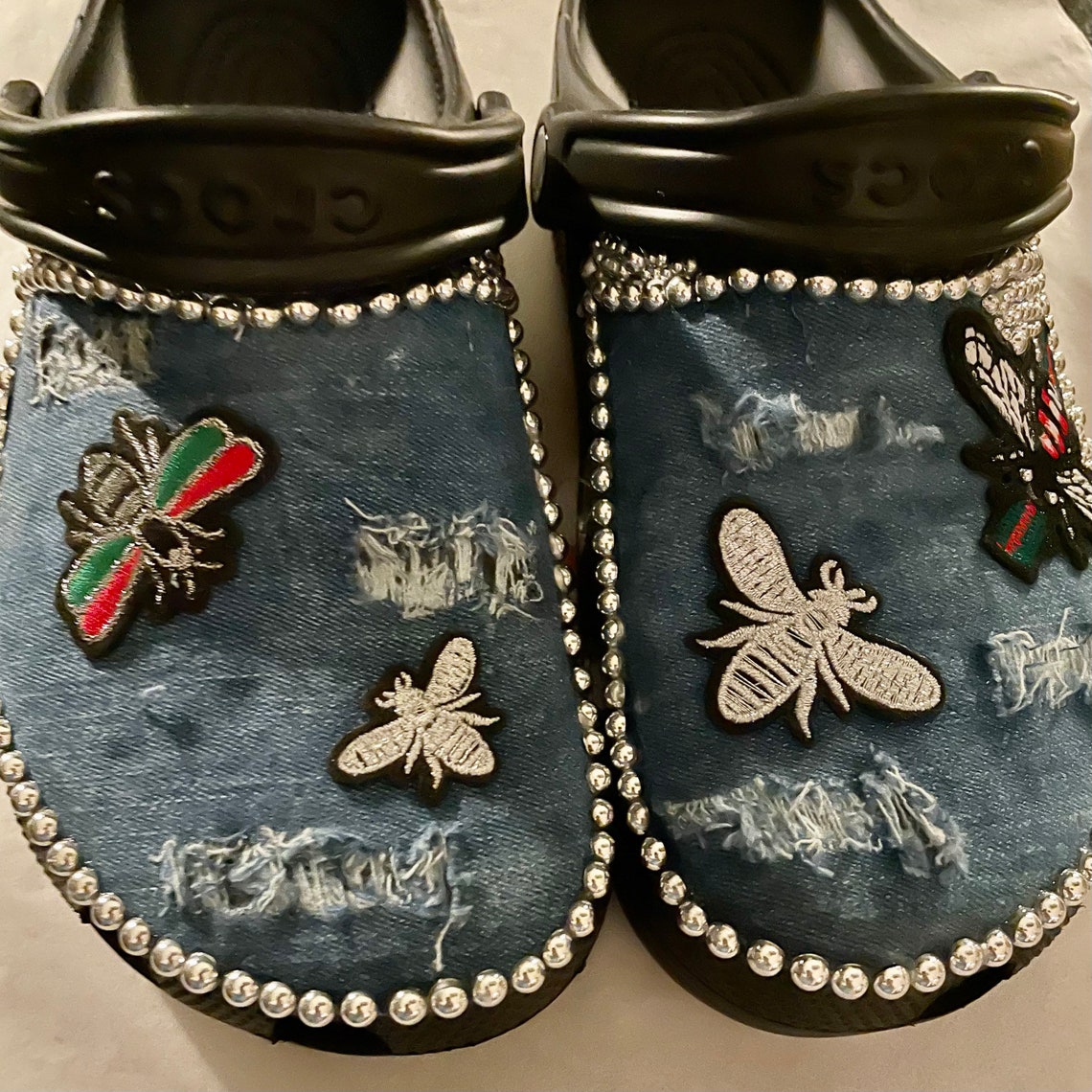 Bling Bee Crocs in Black With Denim Sizes 7 11 W/ Bedazzled | Etsy