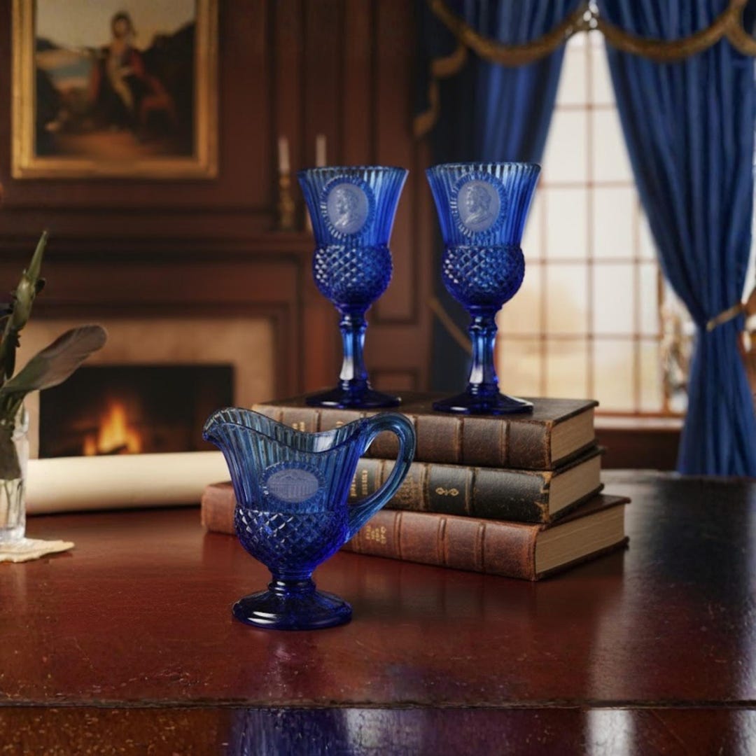 Vintage Avon Fostoria Cobalt Blue Goblets and Pitcher - Etsy