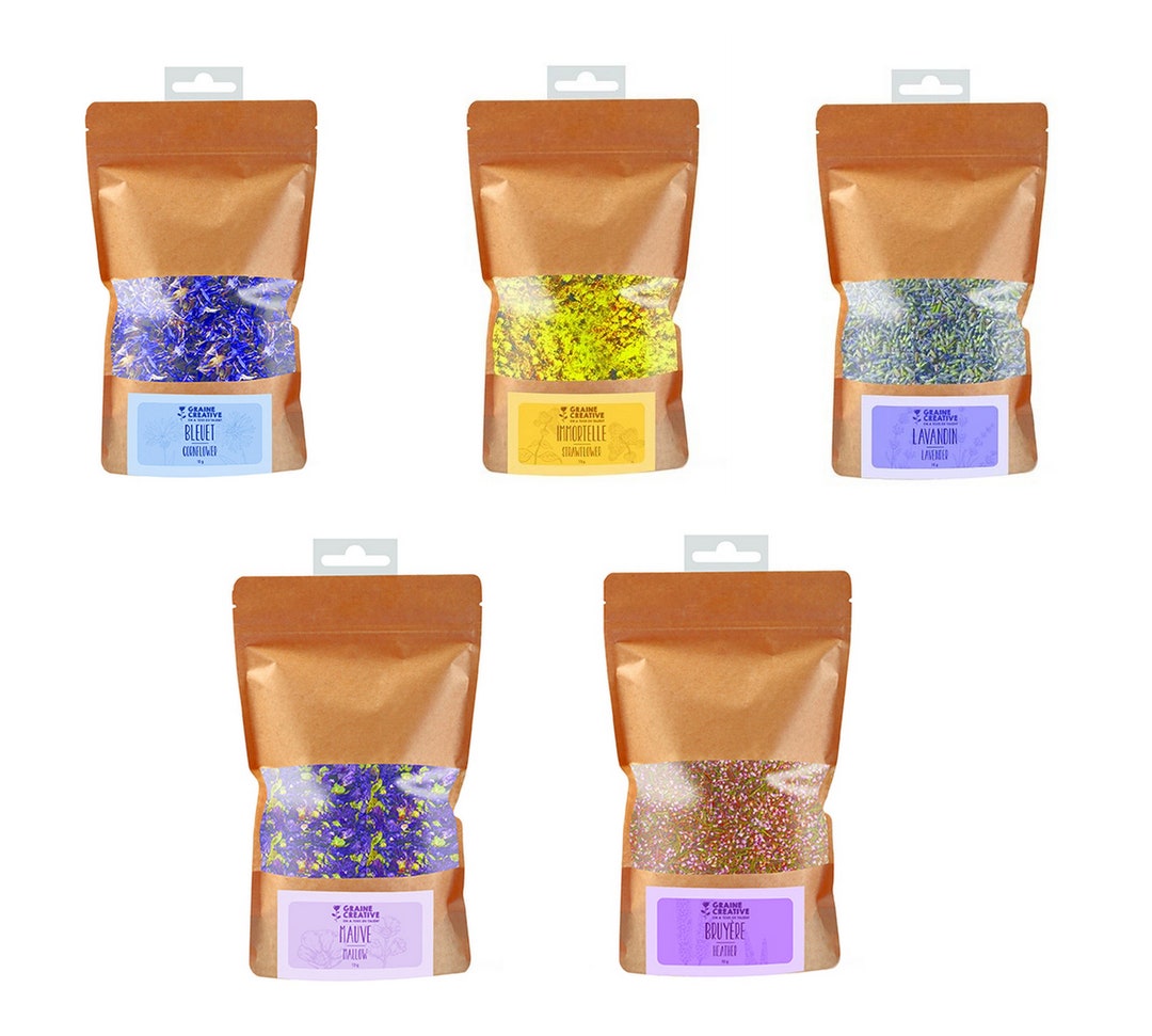 Sachets de fleurs séchées de décoration - immortelle, bleuet, bruyère ...