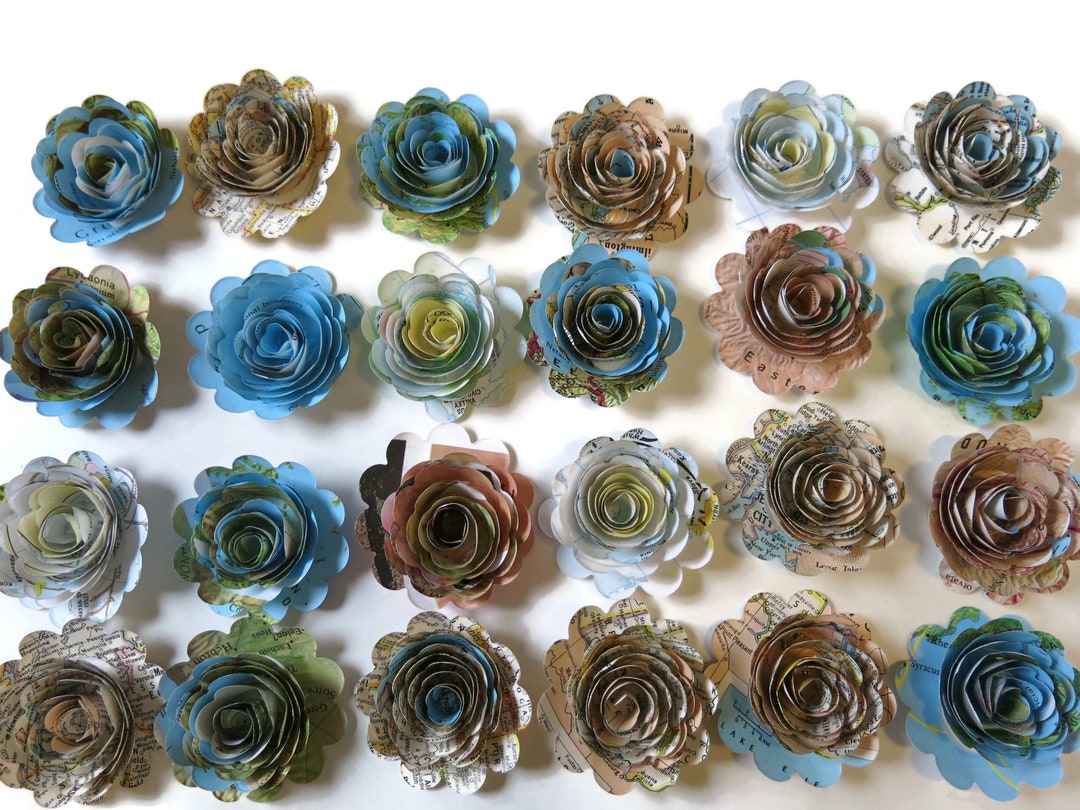 Scalloped World Atlas Map Paper Flowers, Set of 24 Small 1.5 Inch Roses ...