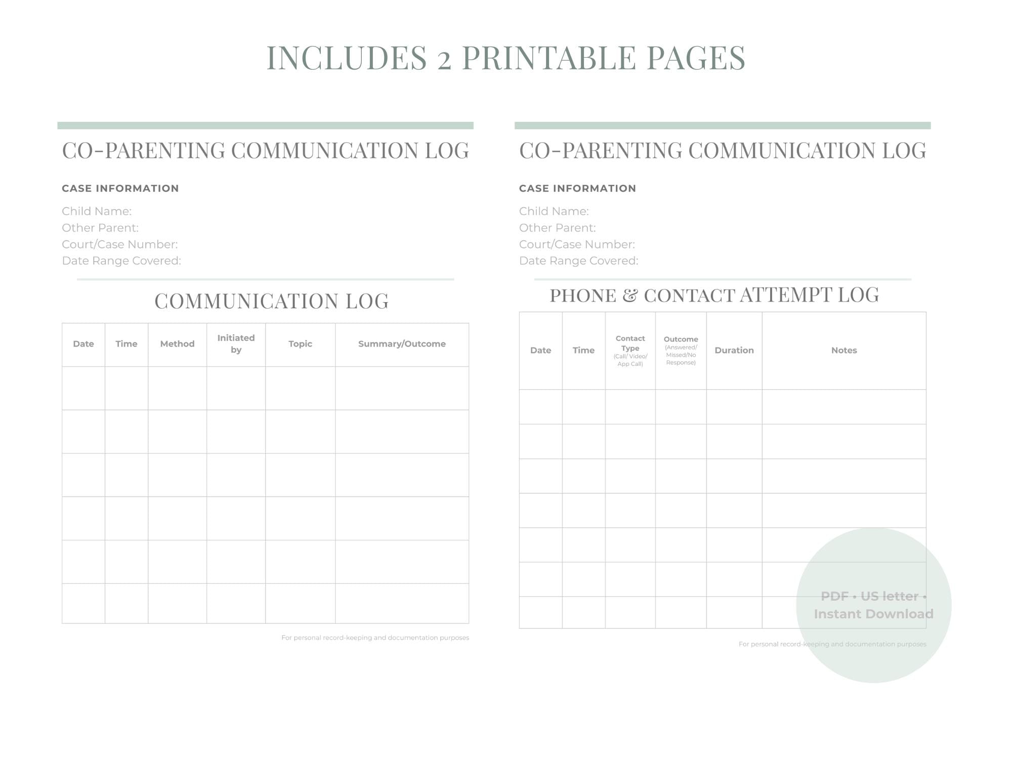 Co- Parenting Communication Log Printable | Court Documentation Log ...